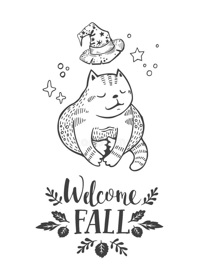 Welcome Fall Card with Cute Cat, Vector Illustration Stock Vector ...