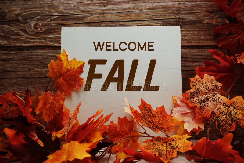 Welcome Fall Text Message with Autumn Maple Leaves and Pumkins on ...