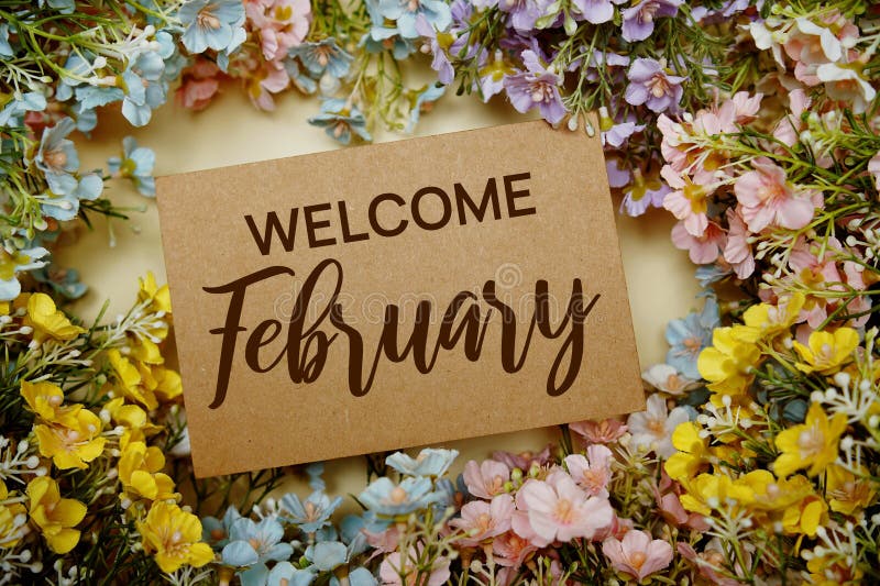 Welcome February Text Message with Flower Decoration on Yellow ...