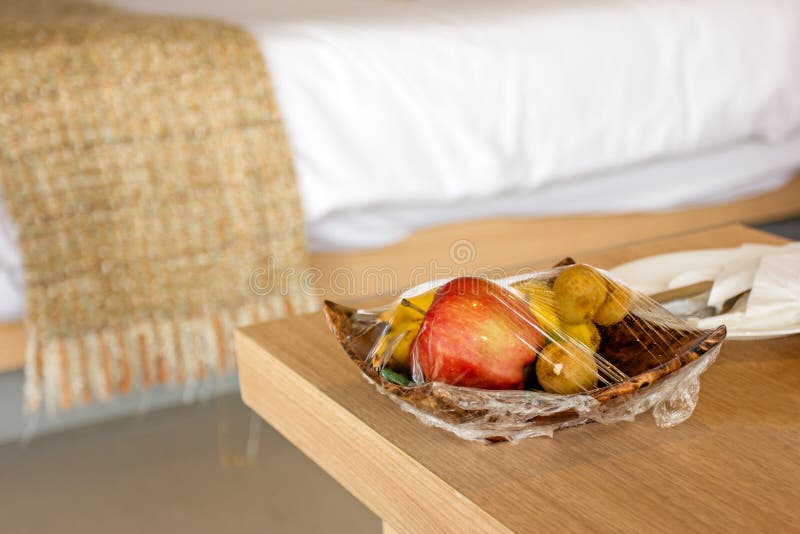 Welcome Fruit in Hotel Room with Pear Apple and Orange Put on White Bed ...