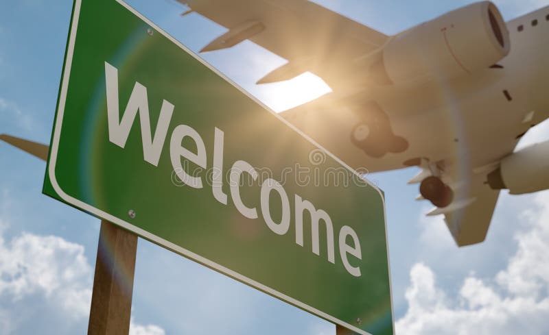 Welcome Green Road Sign with Airplane Above Stock Illustration ...