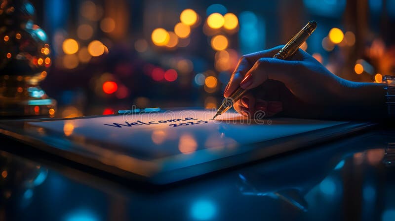 Welcome 2025 - Hand Writing with Pen on a Table with Bokeh Lights ...