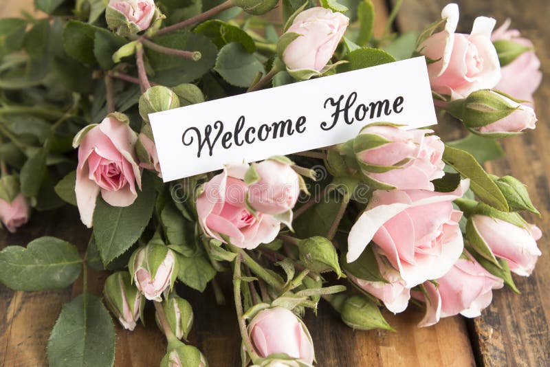 Welcome Home Card with Bouquet of Pink Roses Stock Image - Image of ...