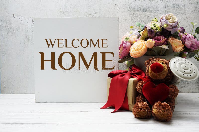 Welcome Home Text Message with Teddy Bear and Gift Boxes Present Stock ...