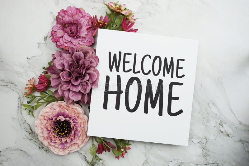 Welcome Home Text with Pink Flower Bouquet on Marble Background Stock ...