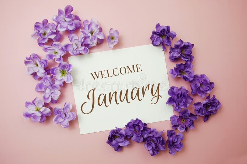 Welcome January Card Typography Text with Flower on Pink Background ...