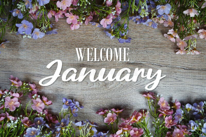 Hello January Typography Text Flowers Wooden Background Stock Photos ...