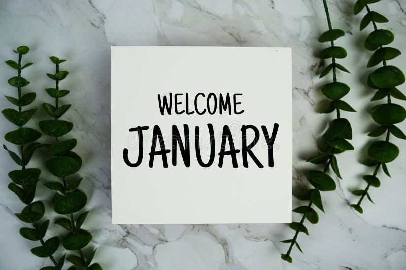 Welcome January Text on Paper Card with Eucalyptus Leaf Decoration Top ...