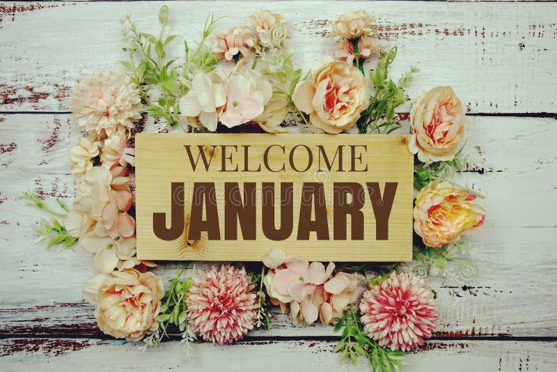 Welcome January Typography Text with Flowers Frame on Pink Background ...