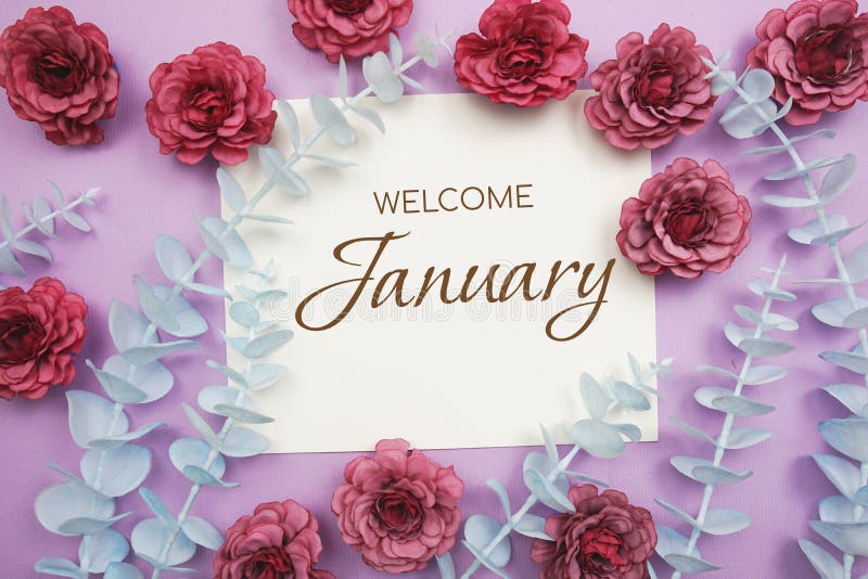 Welcome January Typography Text with Flowers Frame on Pink Background ...