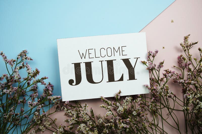 Welcome July Text Message with Green Leave on Blue and Pink Background ...