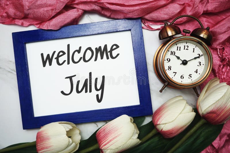 Welcome July Typography Text with Blue Flowers Bouquet on Wooden ...