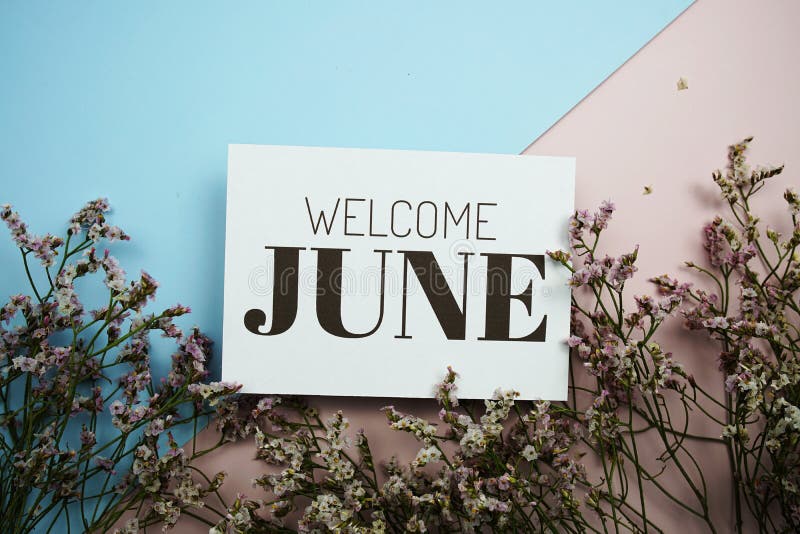 Welcome June Text Message with Green Leave on Blue and Pink Background ...