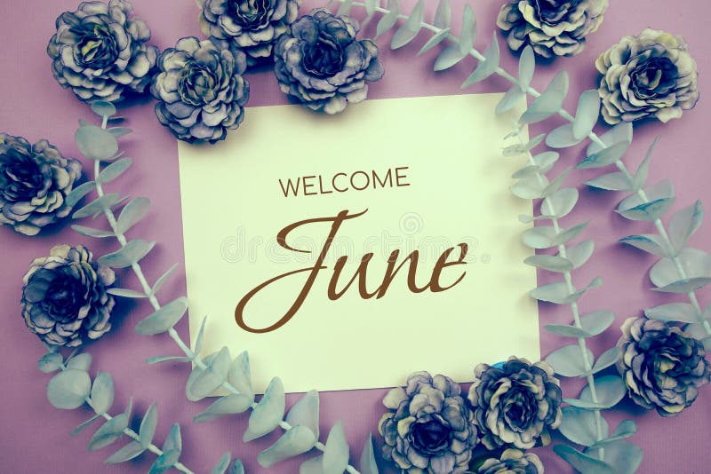 Welcome June Text in Blue Border Frame with Flower Decoration on Wooden ...