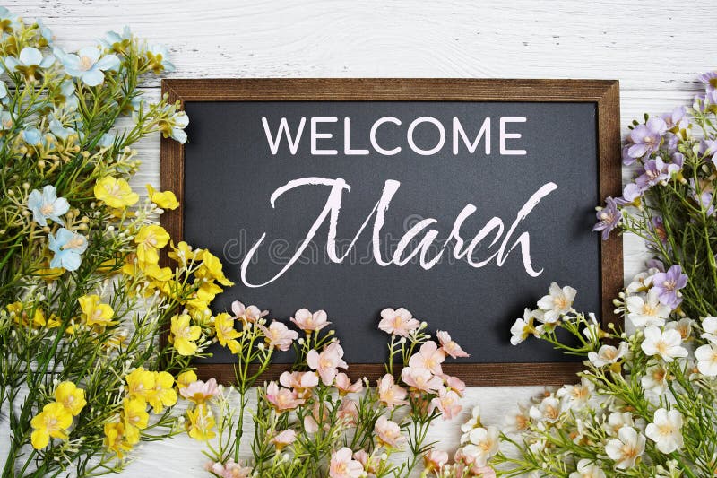 Welcome March Text on Chalkboard with Flowers Decoration Top View on ...