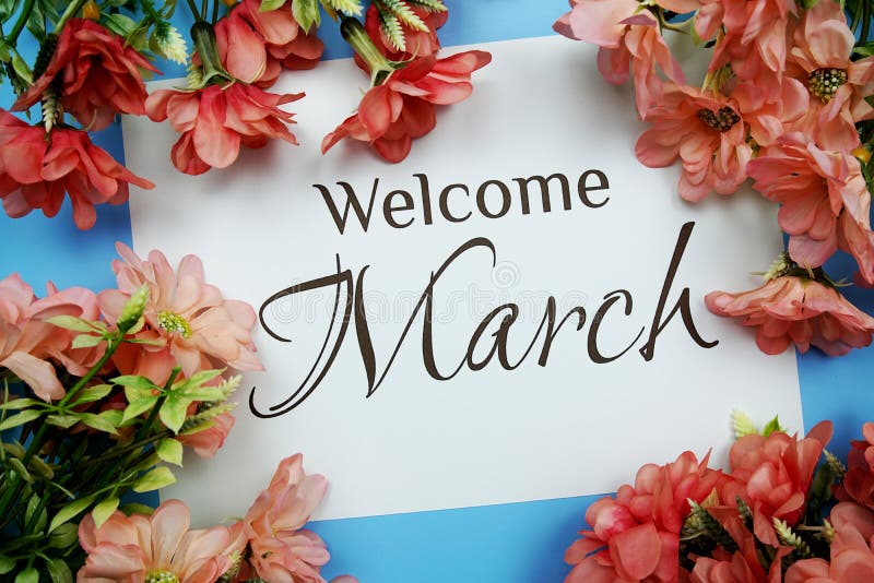 Welcome March Text with Pink Flower Frame on Blue Background Stock ...