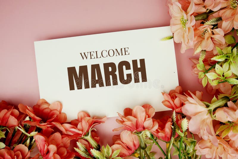 Welcome March Typography Text with Flowers Frame on Pink Background ...