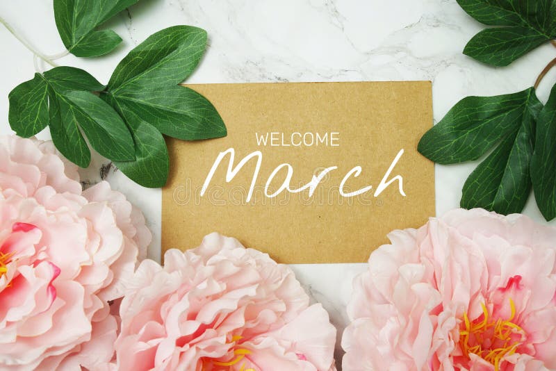 Welcome March Typography Text with Peony Flowers on Marble Background ...