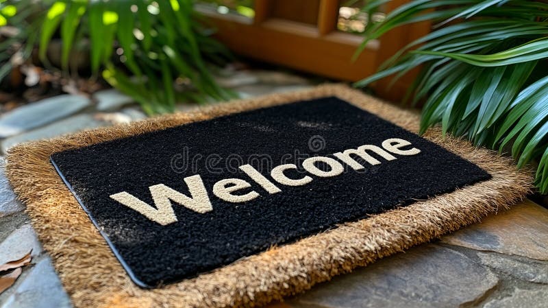 Welcome Mat on Stone Pathway Surrounded by Greenery Stock Illustration ...