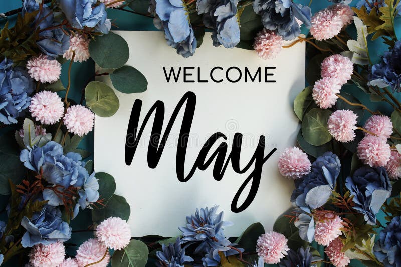 Welcome May Text with Flowers Blooming Top View on Blue Background ...