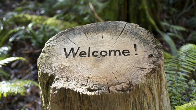 A Welcome Message Carved into a Tree Stump in a Forest. Stock ...