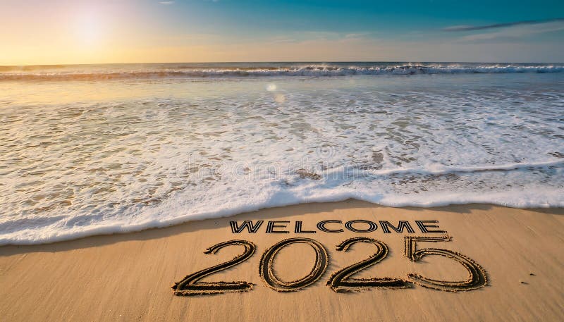 Welcome Message Etched on Sandy Beach for the Arrival of 2025 at Sunset ...