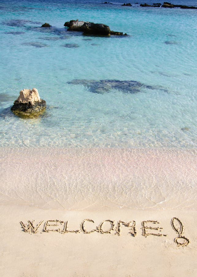 Welcome Message Written on White Sand, with Tropical Sea Waves in ...