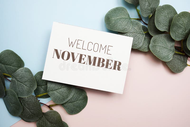 Welcome November Text Message with Green Leave on Blue and Pink ...