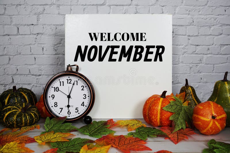 Welcome November Text Message with Pumpkin and Maple Leaf Decoration on ...