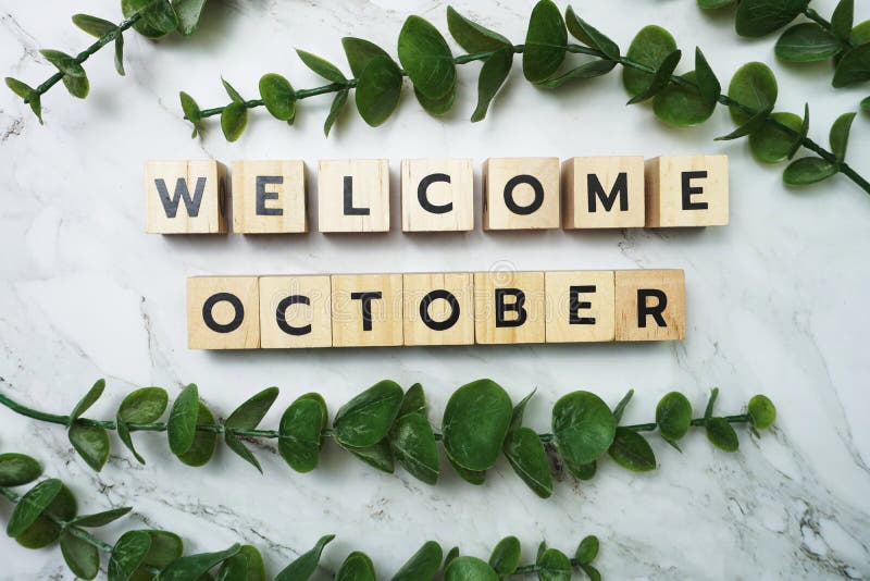 Welcome October Alphabet Letter with Green Leave Flat Lay on Marble ...