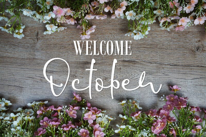 Welcome October Text with Flowers Frame on Wooden Background Stock ...