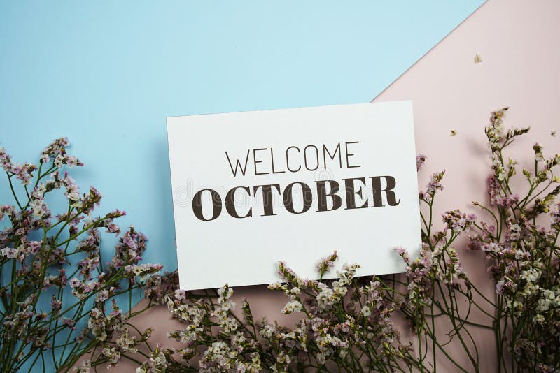 Welcome October Text Message with Flower on Blue and Pink Background ...