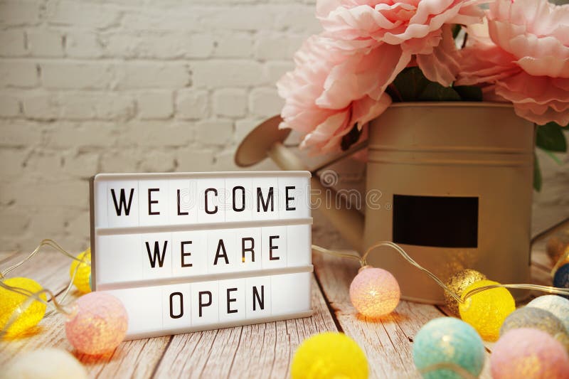 Welcome we are Open Text on Lightbox on Wooden Background Stock Image - Image of wood, aged ...