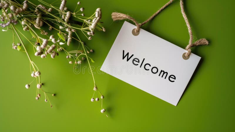 Welcome Paper Tag on Green Background AI Generated Stock Photo - Image ...