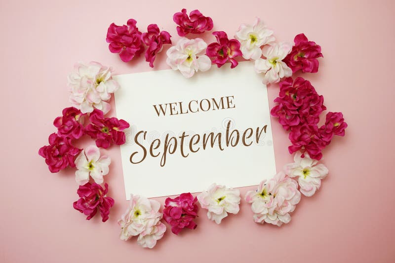 Welcome September Card Typography Text with Flower Bouquet on Pink ...