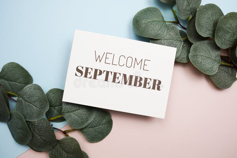 Welcome September Text Message with Green Leave on Blue and Pink ...