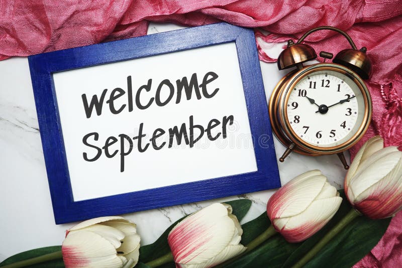 Welcome September Card Typography Text with Flower Bouquet on Pink ...
