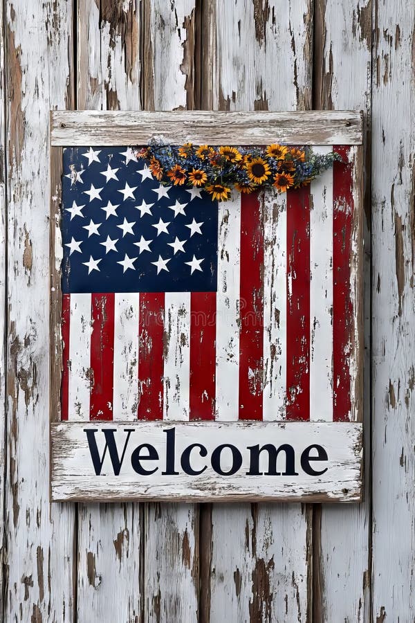 A Welcome Sign with an American Flag and Sunflowers on it Stock Image ...