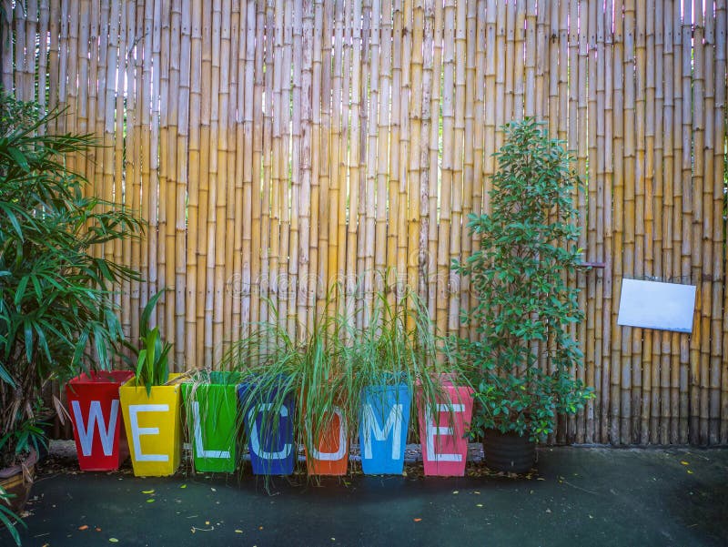 Welcome Sign and Bamboo Wall Stock Photo - Image of flower, connect ...