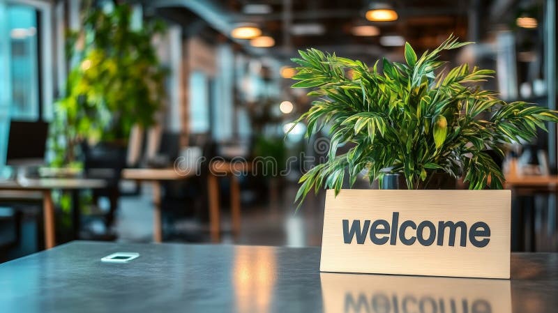 Welcome Sign on a Desk in a Modern Co-working Space, Symbolizing a ...