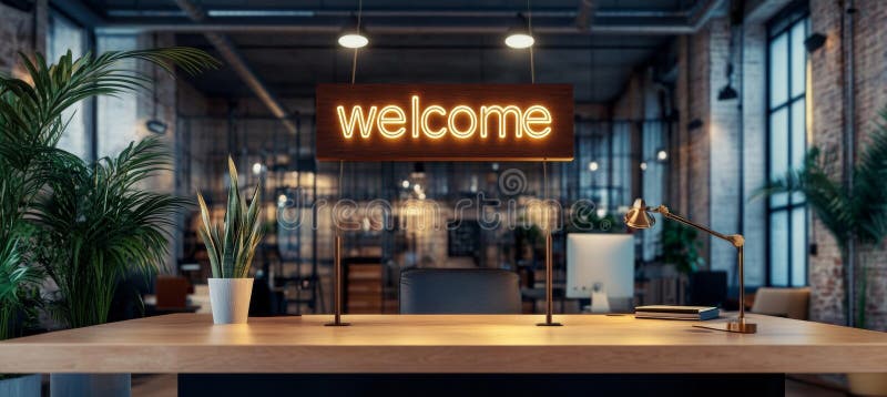 Welcome Sign on a Desk in a Modern Office, Symbolizing a Friendly ...