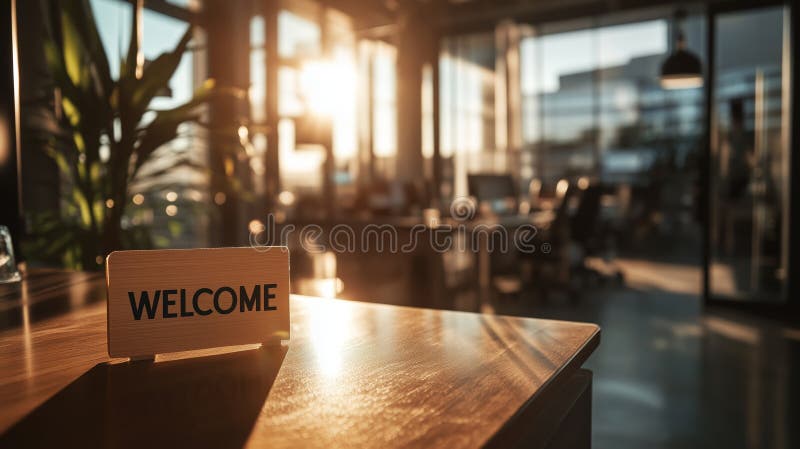 A welcome sign on a desk stock image. Image of plant - 370127973