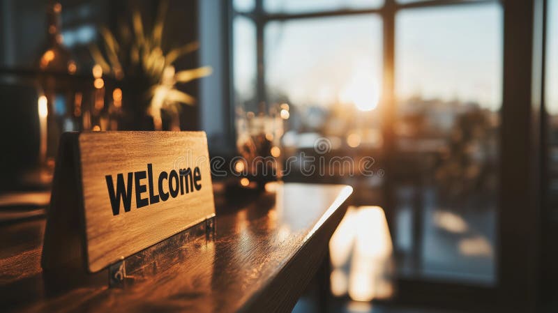 A welcome sign on a desk stock photo. Image of indoor - 370127984