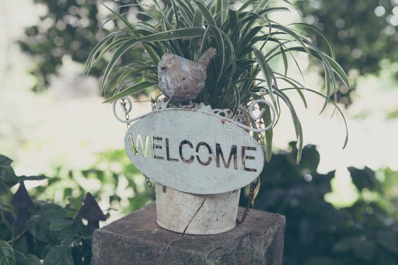 Welcome Sign, at the Flower Pot Stock Photo - Image of calligraphy ...