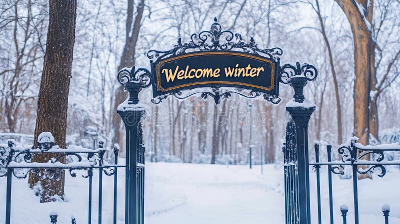 A Welcome Sign on a Gate in the Snow Stock Image - Image of cold ...