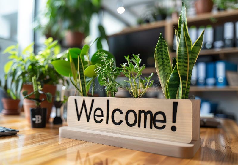 Welcome Sign with Indoor Plants Stock Illustration - Illustration of ...