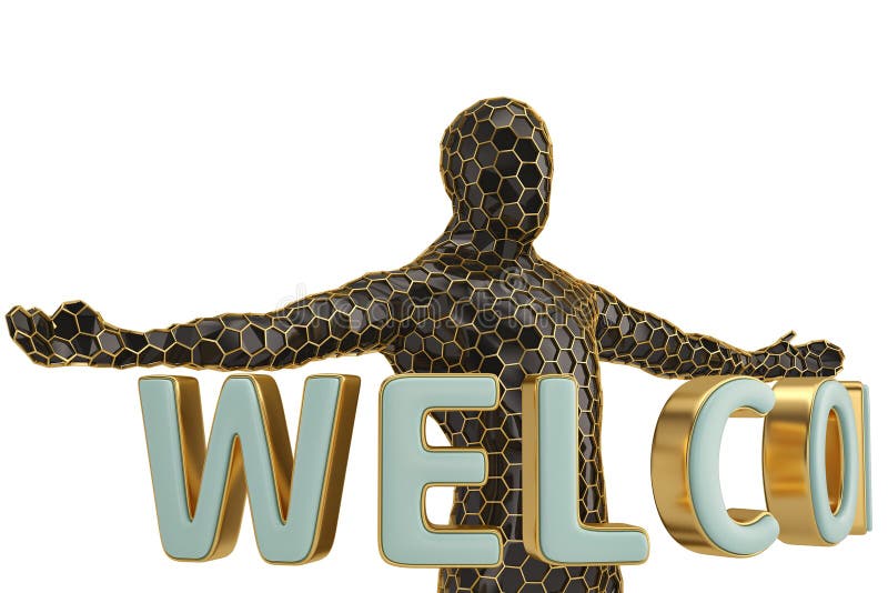 Welcome Sign Letters with Wireframe Human.3D Illustration. Stock ...