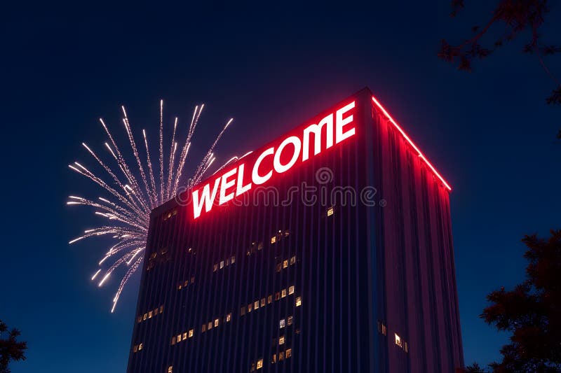 A "Welcome" Sign Made of Glowing Lights on the Side of a Skyscraper ...