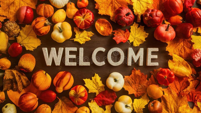 A Welcome Sign is Made Out of Fall Fruits and Vegetables Stock ...