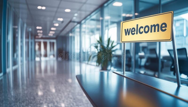 Welcome Sign on Office Reception Desk Modern, Empty Office Interior ...